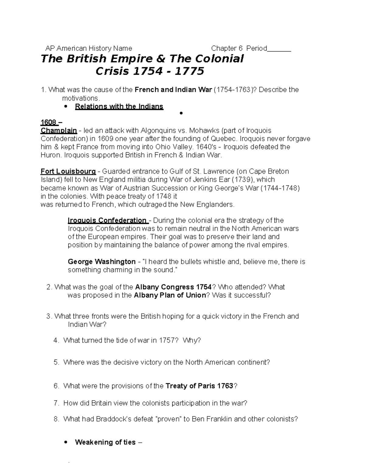 AP American History CH 6: The British Empire & Colonial Crisis (1754 ...