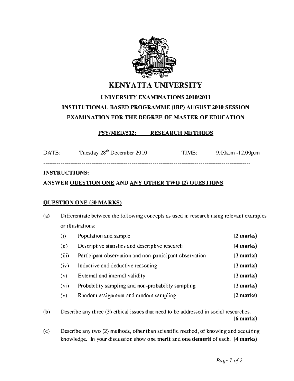 M.Ed Research Methods Exam - Kenyatta University August 2010 - Studocu