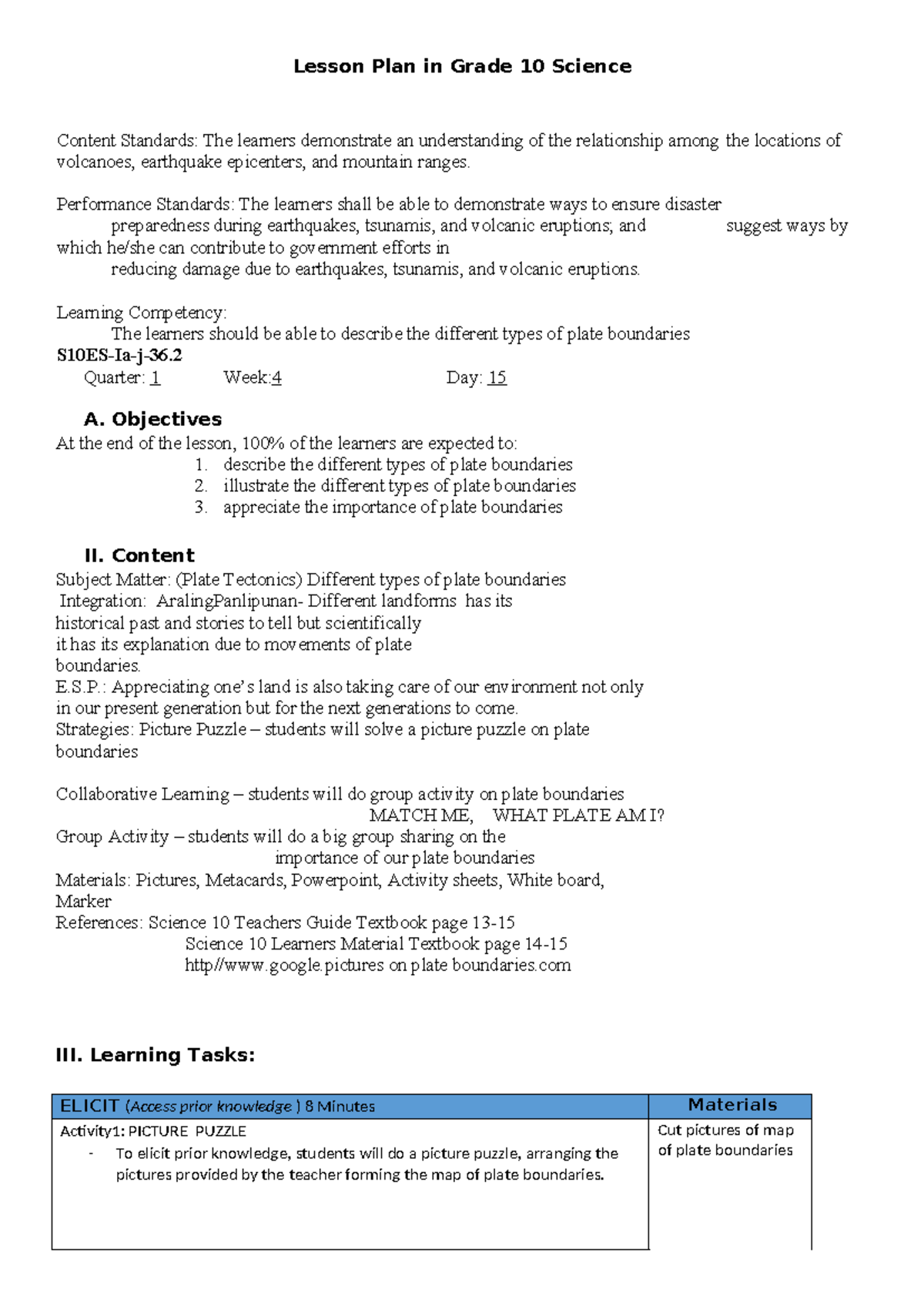 Grade 10 Science Lesson Plan: Understanding Plate Tectonics S10ES-Ia-j ...