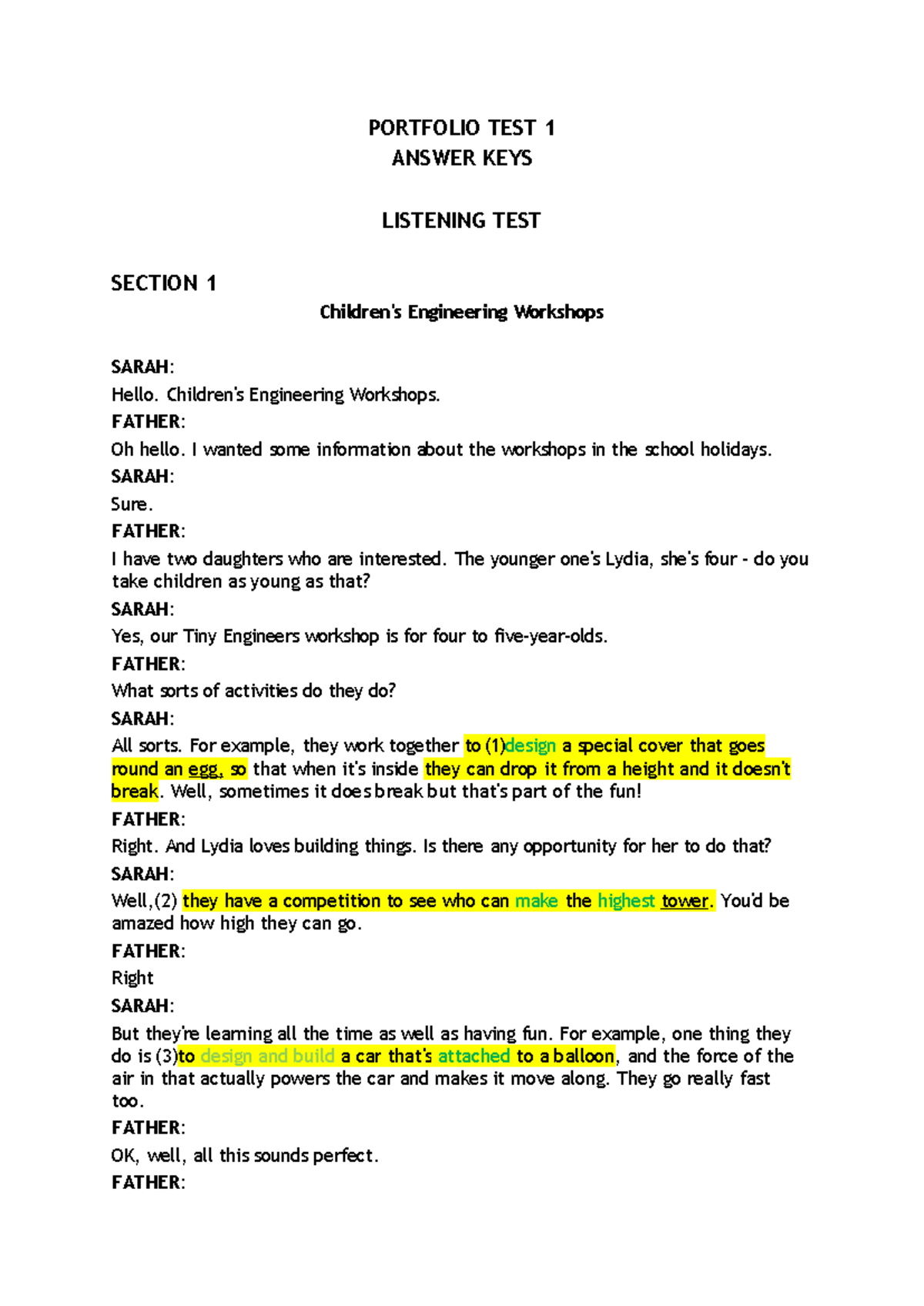 Portfolio Test 1 - Listening Section Answer Keys for Engineering ...