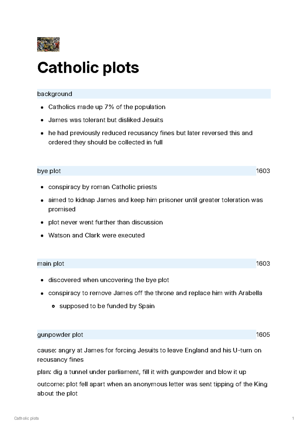 Catholic Plots During James I's Reign: E and Gunpowder Plots - Studocu