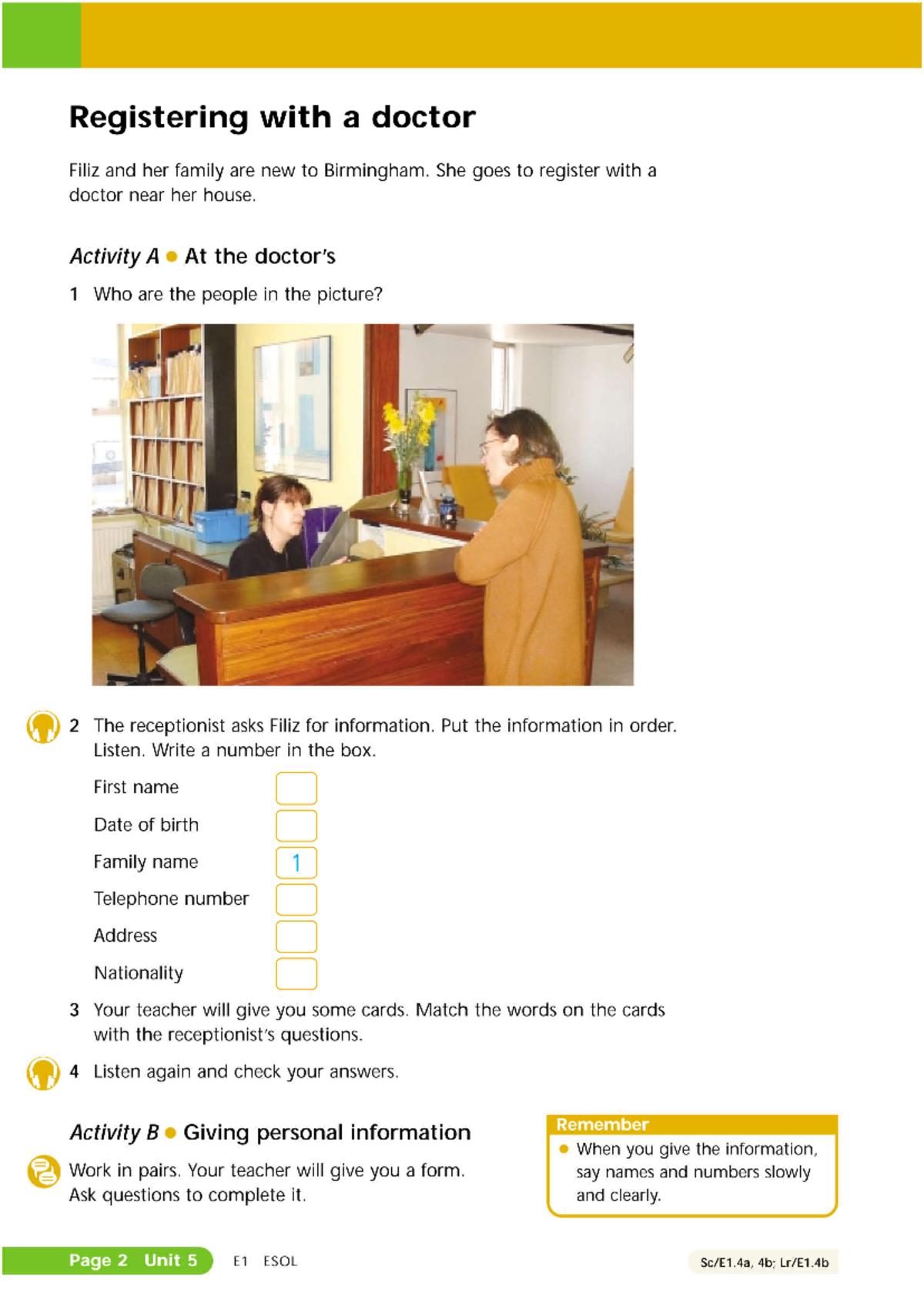 ESOL Learner Materials E1: Unit 5 - Registering with a Doctor and ...