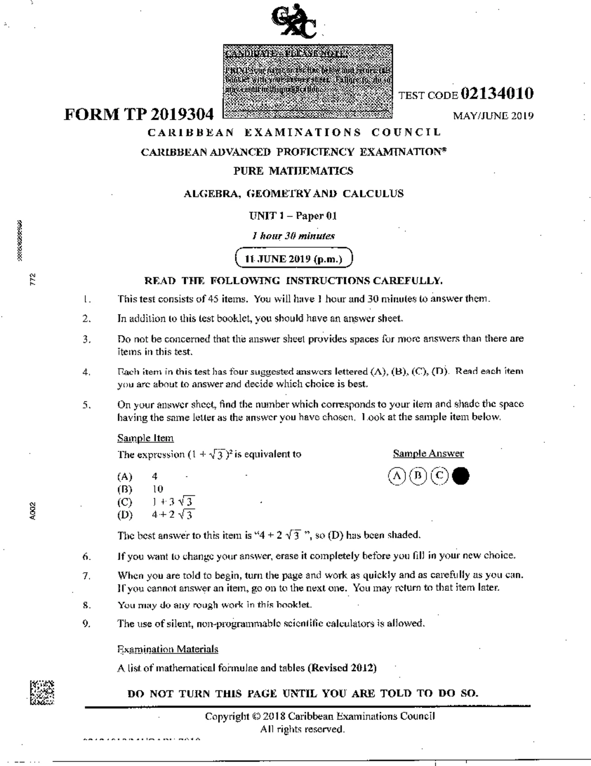 CAPE Pure Mathematics Unit 1 Paper 01 Exam 2018 Guidelines and ...