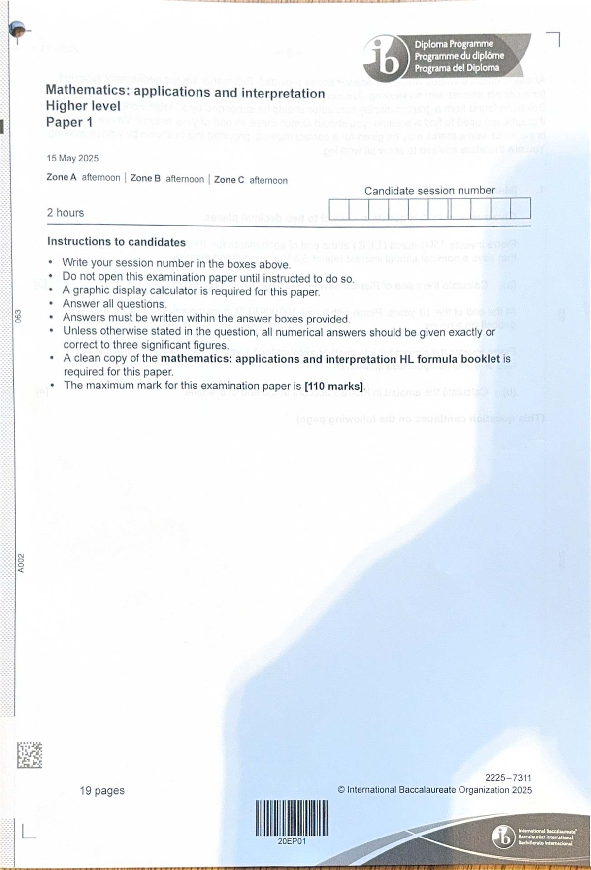 AIHL Mathematics: Applications & Interpretation HL Paper 1 - May 2025 ...
