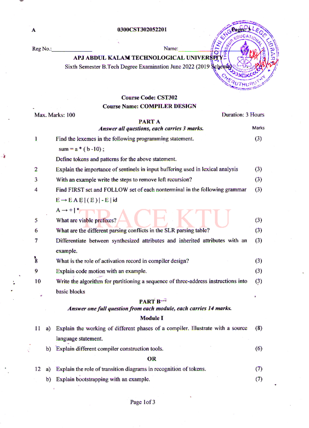 CST302 Compiler Design June 2022 Question Paper & Structured Answers - Studocu