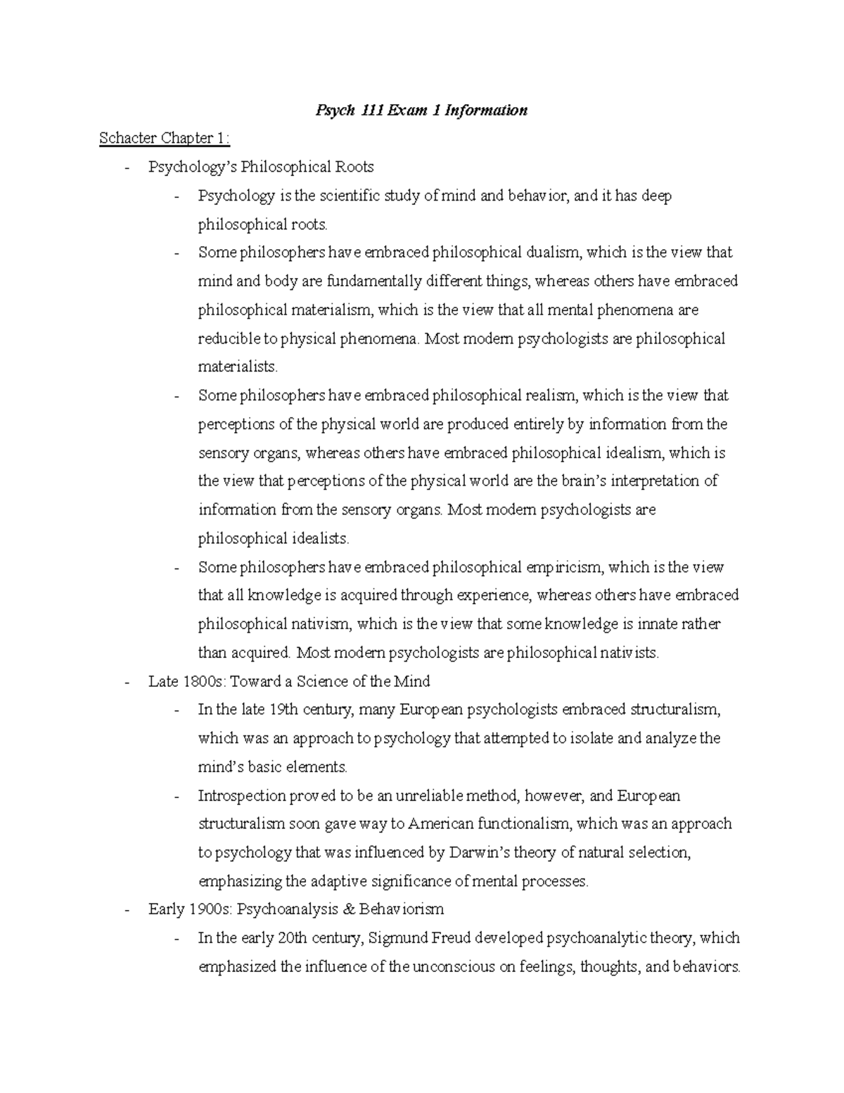 Psych 111 - Exam 1: Philosophical Roots of Psychology - Studocu