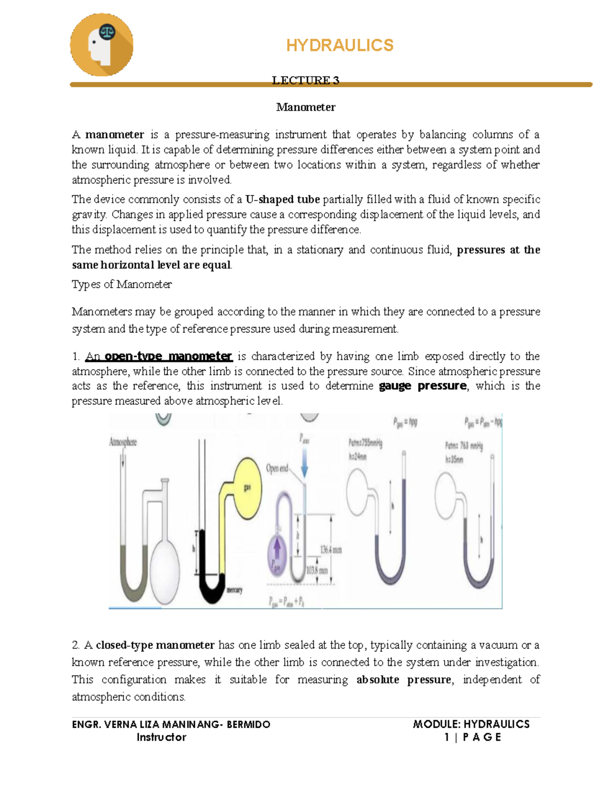 HYDRAULICS LECTURE 3: Understanding Manometers and Pressure Measurement ...