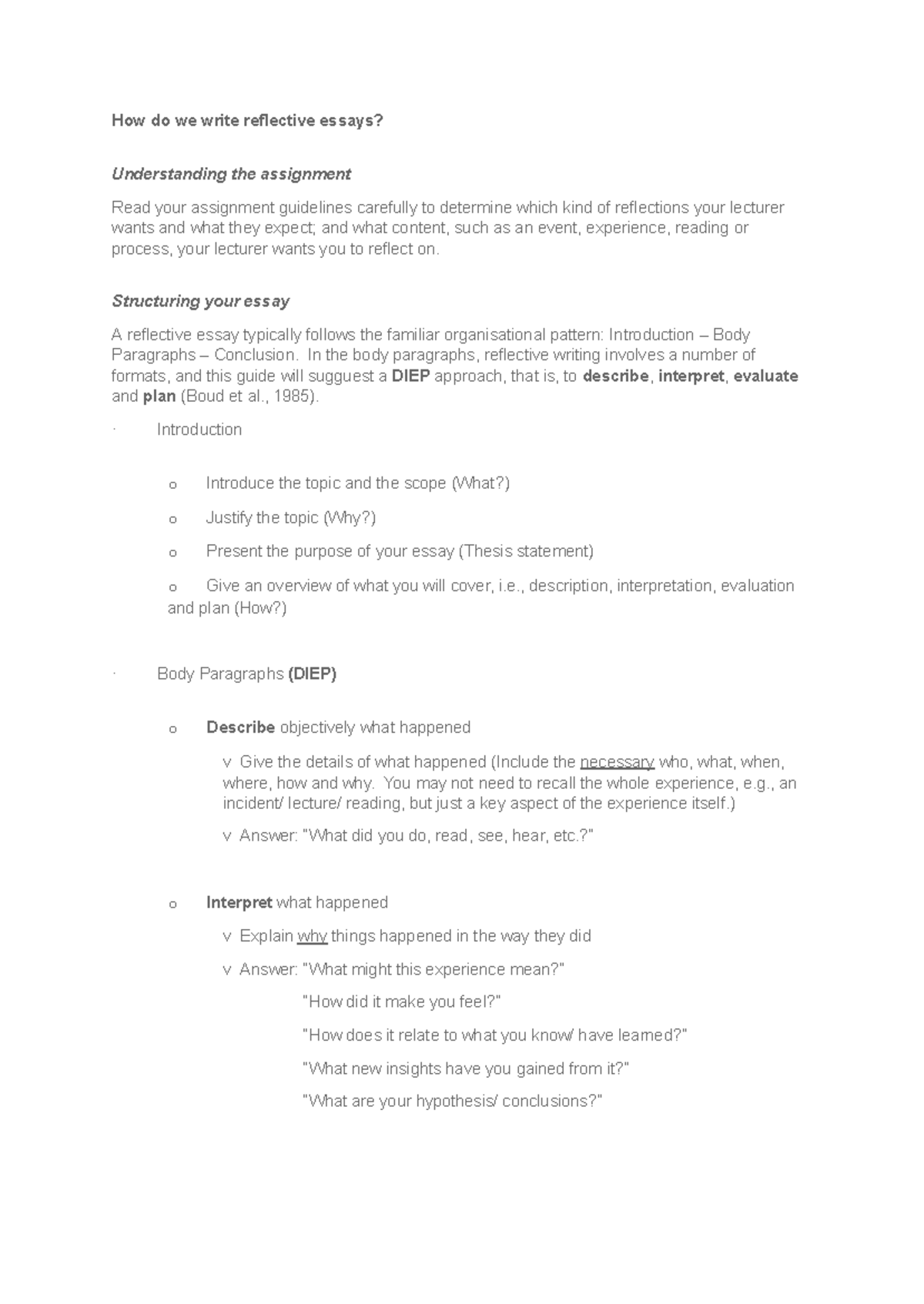Reflective Essay Writing Guide: Structuring & DIEP Approach - Studocu