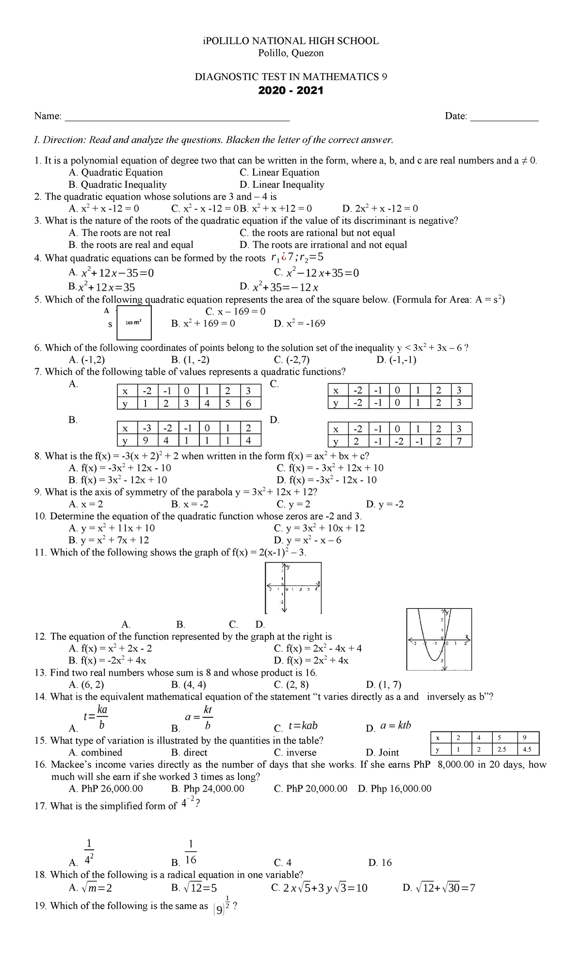 Mathematics Diagnostic Test for Grade 9 (SY 2020-2021) - Studocu