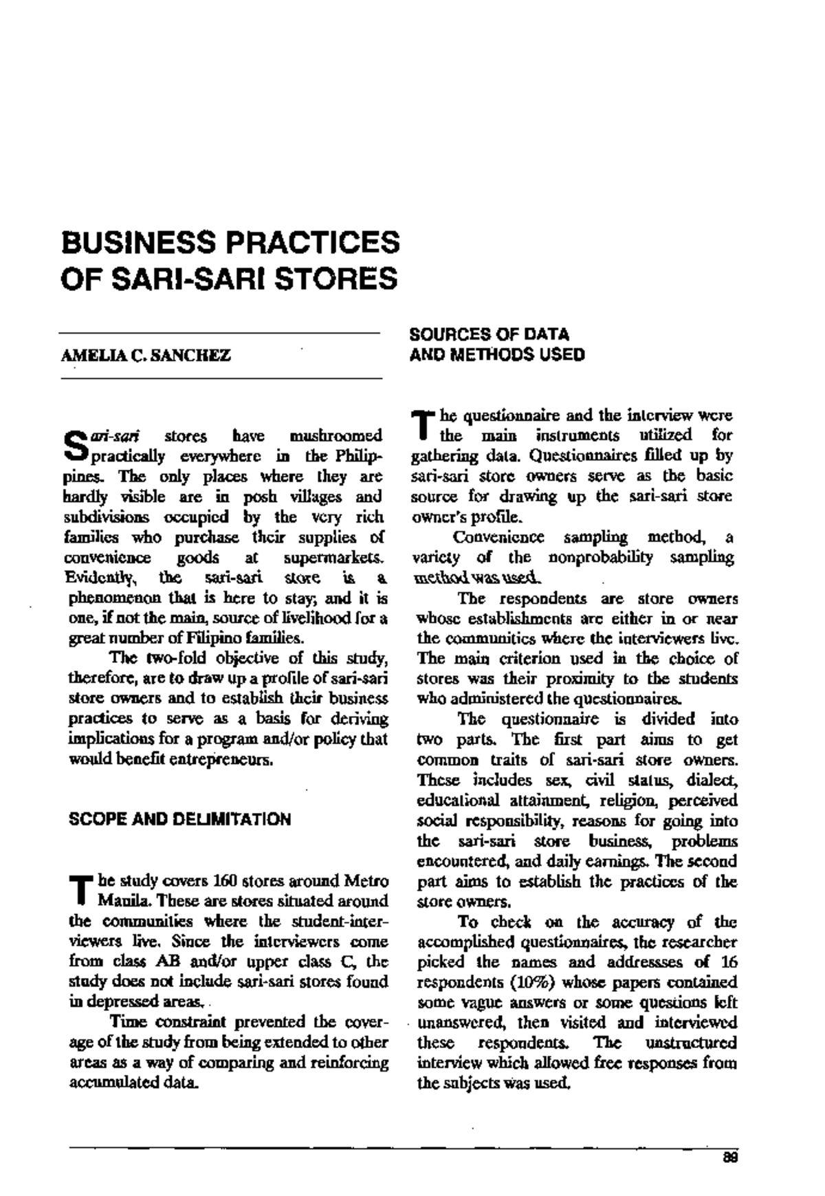 BUSINESS PRACTICES OF SARI-SARI STORES: A METRO MANILA STUDY - Studocu