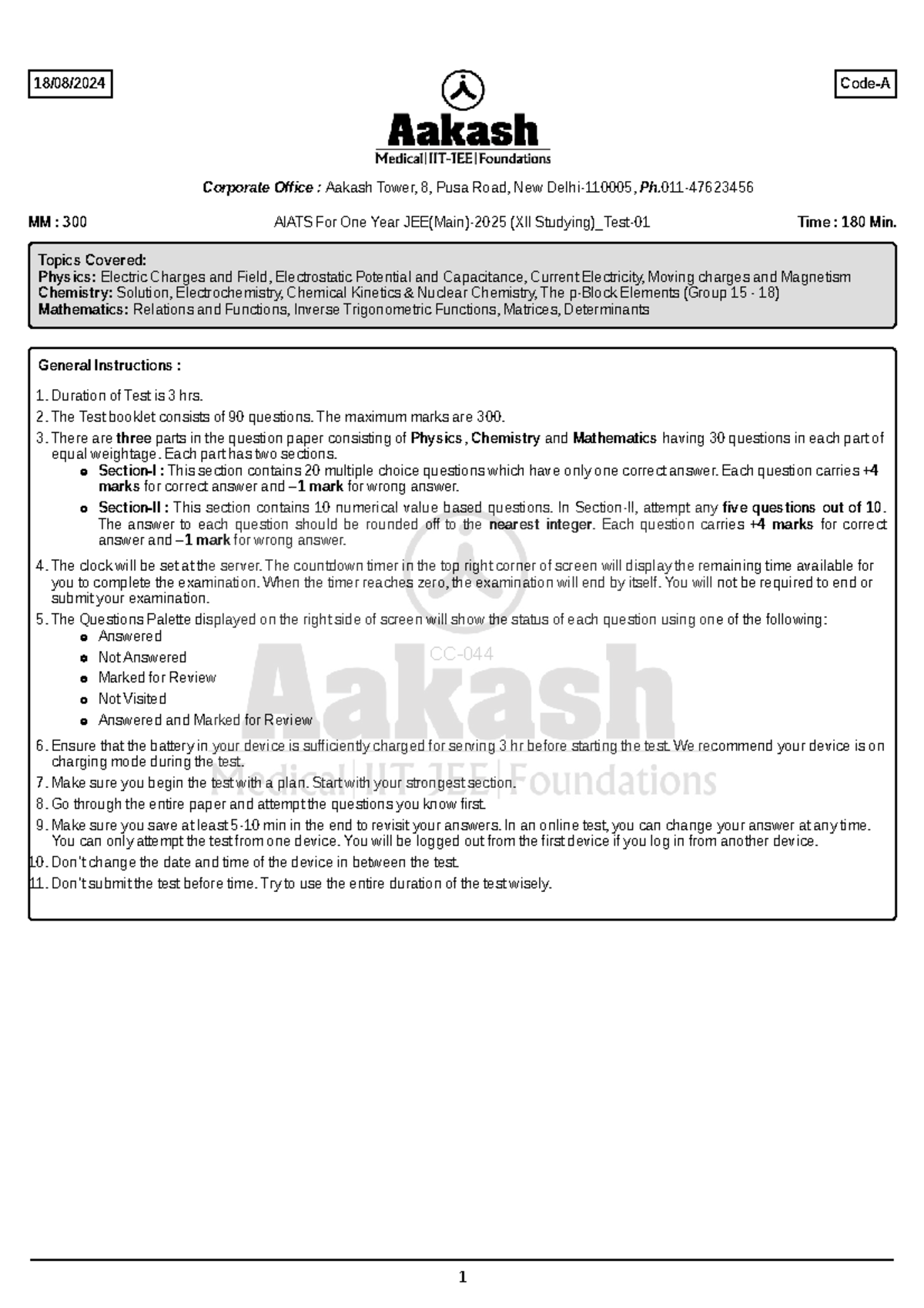 CC-044 AIATS for Second Step JEE (Main) - Test 1 Code A (18-08-2024 ...