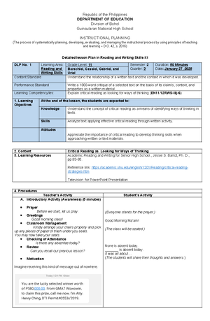 DLP-12-RWS - Lesson Plan - Republic of the Philippines DEPARTMENT OF ...
