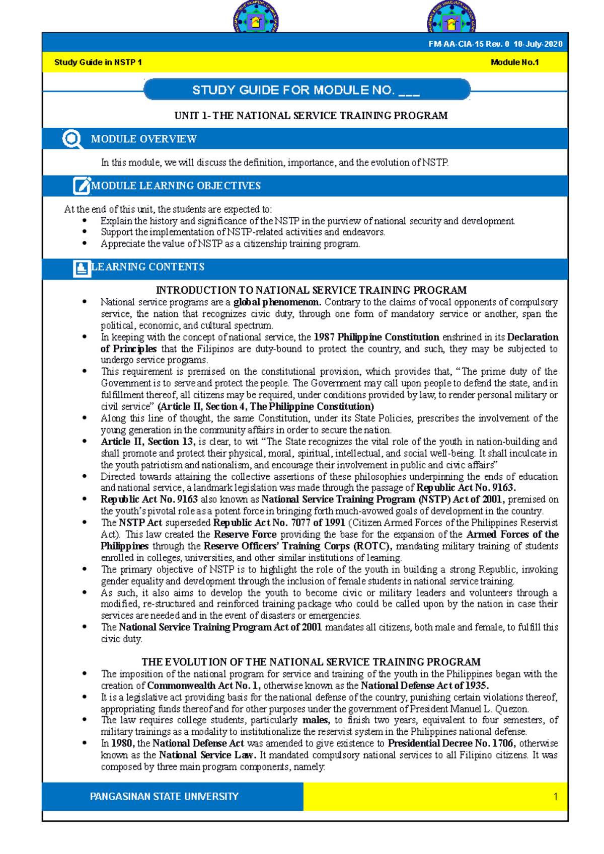 NSTP 1 Study Guide: Evolution & Importance of National Service Training ...