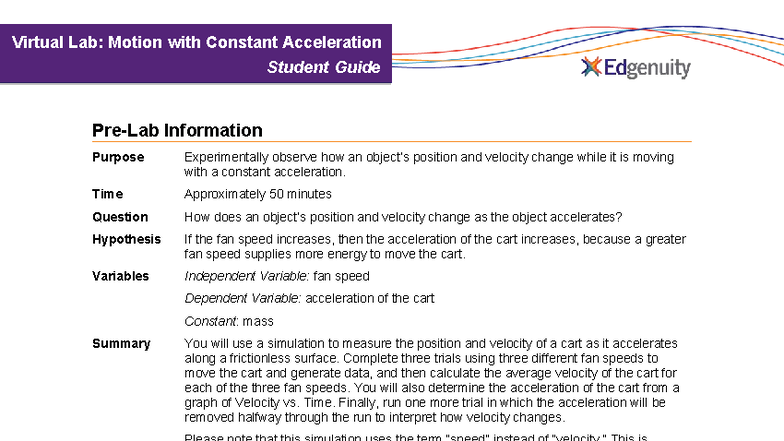 527304660 Virtual Lab: Analyzing Motion with Constant Acceleration - Studocu