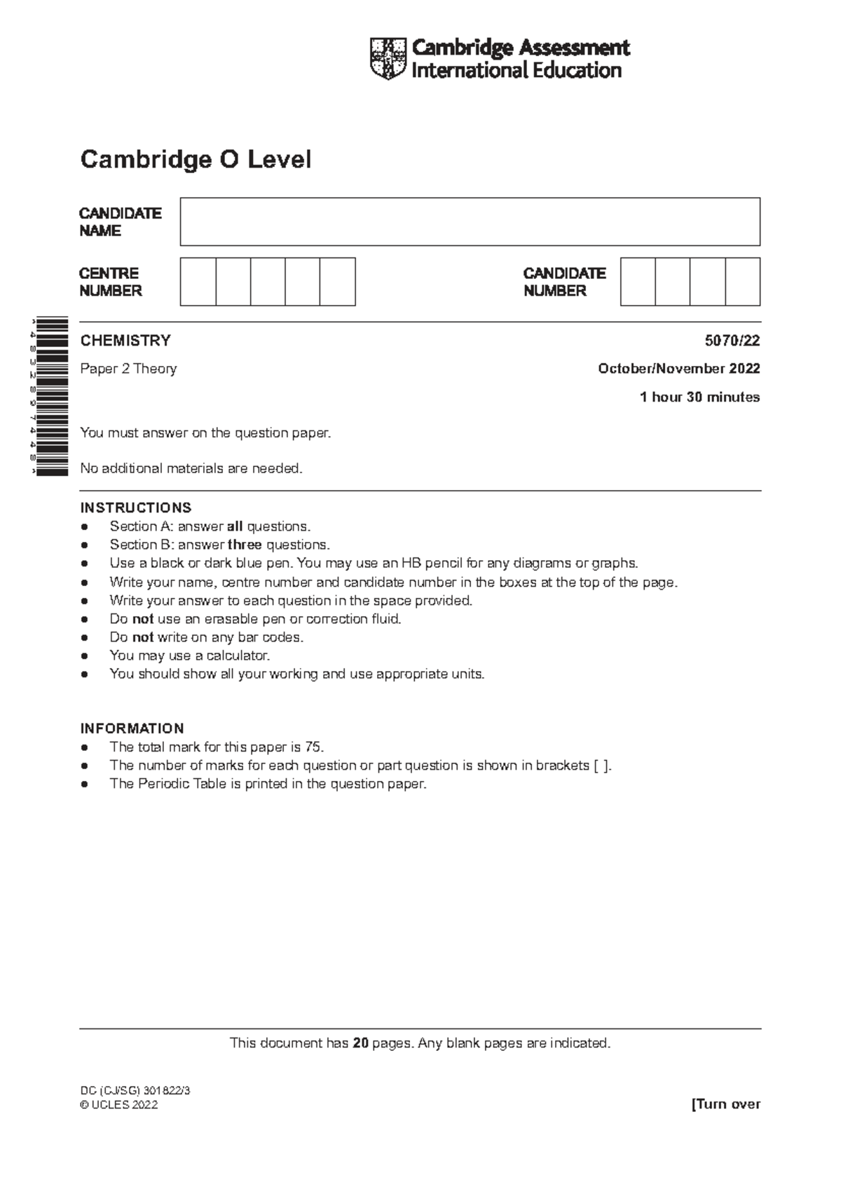 Cambridge O Level 5070/22 Chemistry Paper 2 Theory 2022 Exam Guide ...