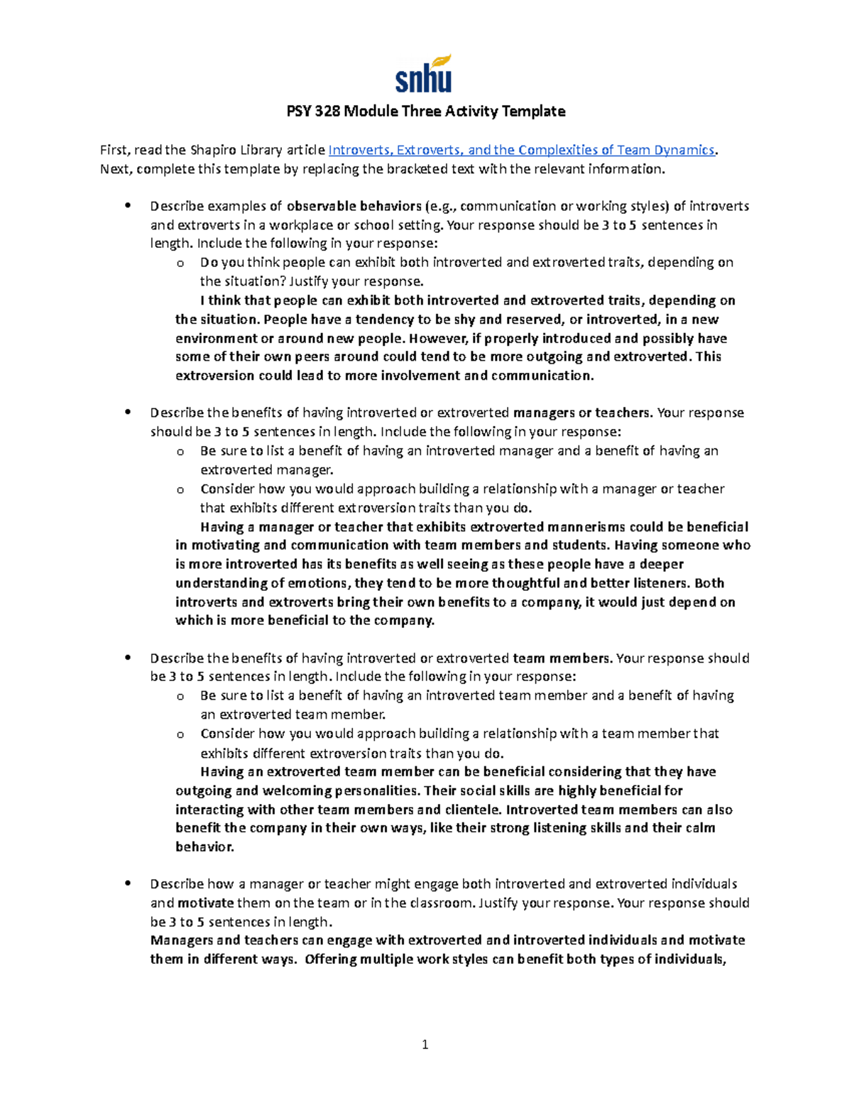 PSY 328 Module Three Activity 3-2 - Next, complete this template by replacing the bracketed text ...