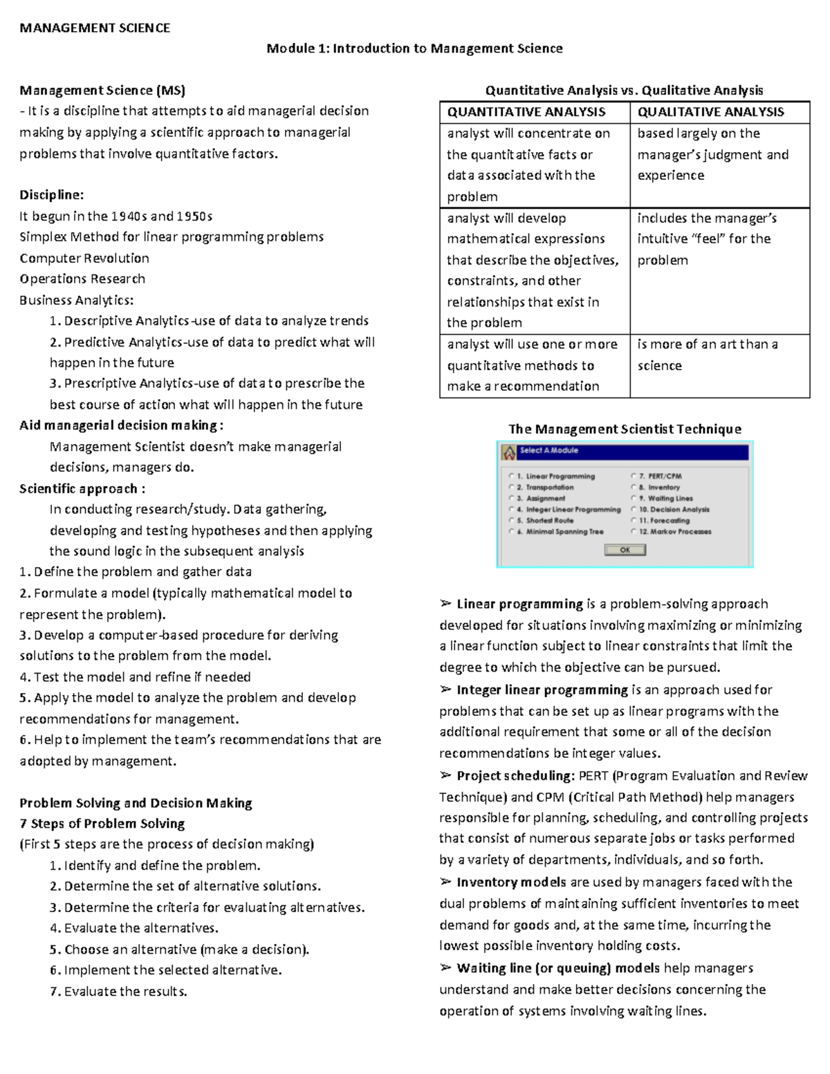 Module 1 Mansci - Management Science - MANAGEMENT SCIENCE Module 1 ...