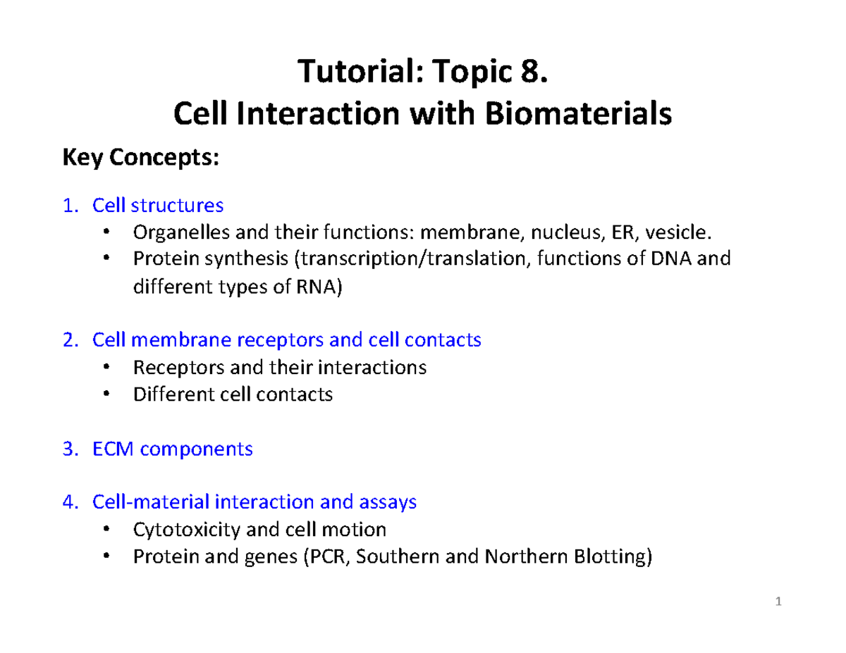 Tutorial Topic 8-Cell Interaction with Biomaterials - Tutorial: Topic 8 ...