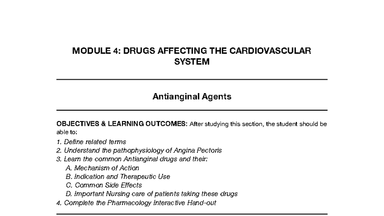 Pharma Handout: Module 3 & 4 - Cardiovascular & Respiratory Drugs SY25 ...
