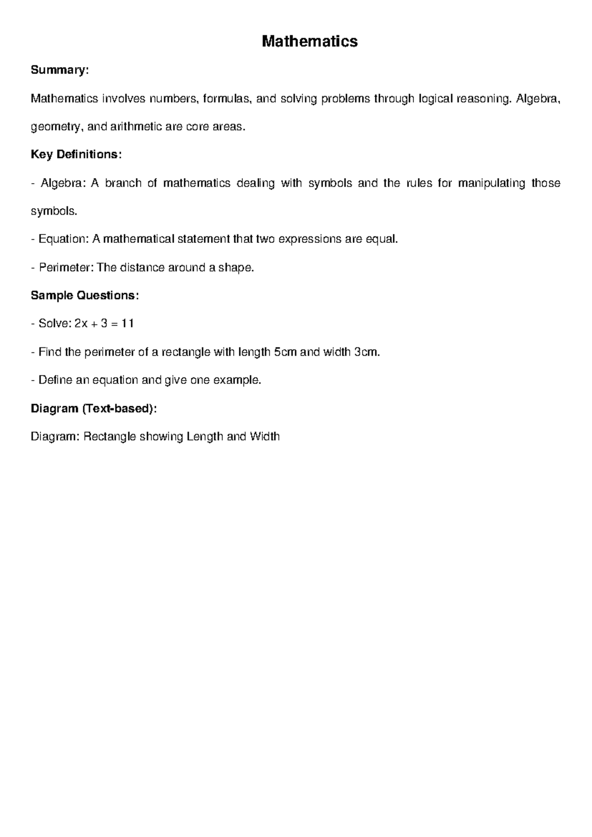 Mathematics Document - SUMMARY - Mathematics Summary: Mathematics ...
