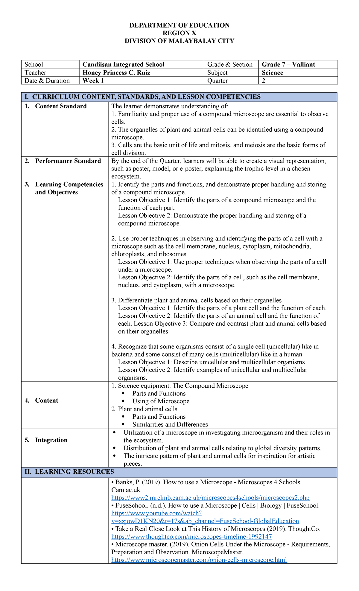Science 7 - Week 1 Lesson Plan: Understanding Microscopes and Cells ...