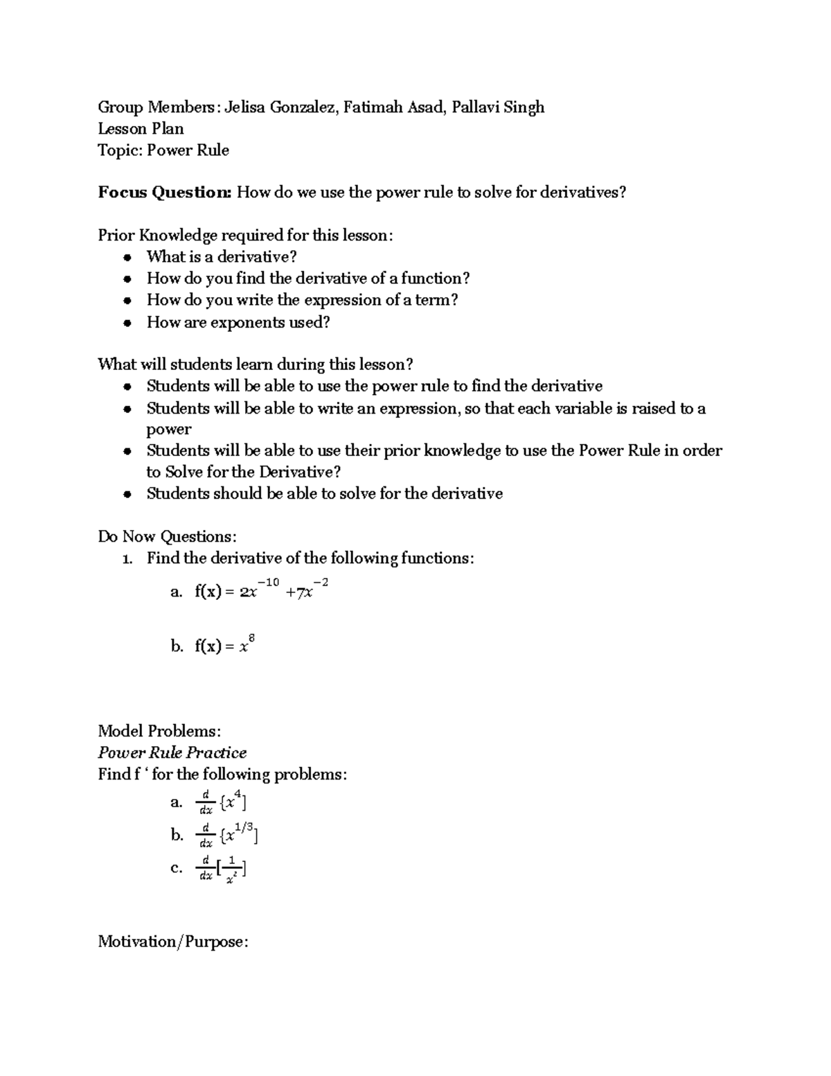 Power Rule Lesson Plan (Calc 101) - Derivatives Focus and Practice ...