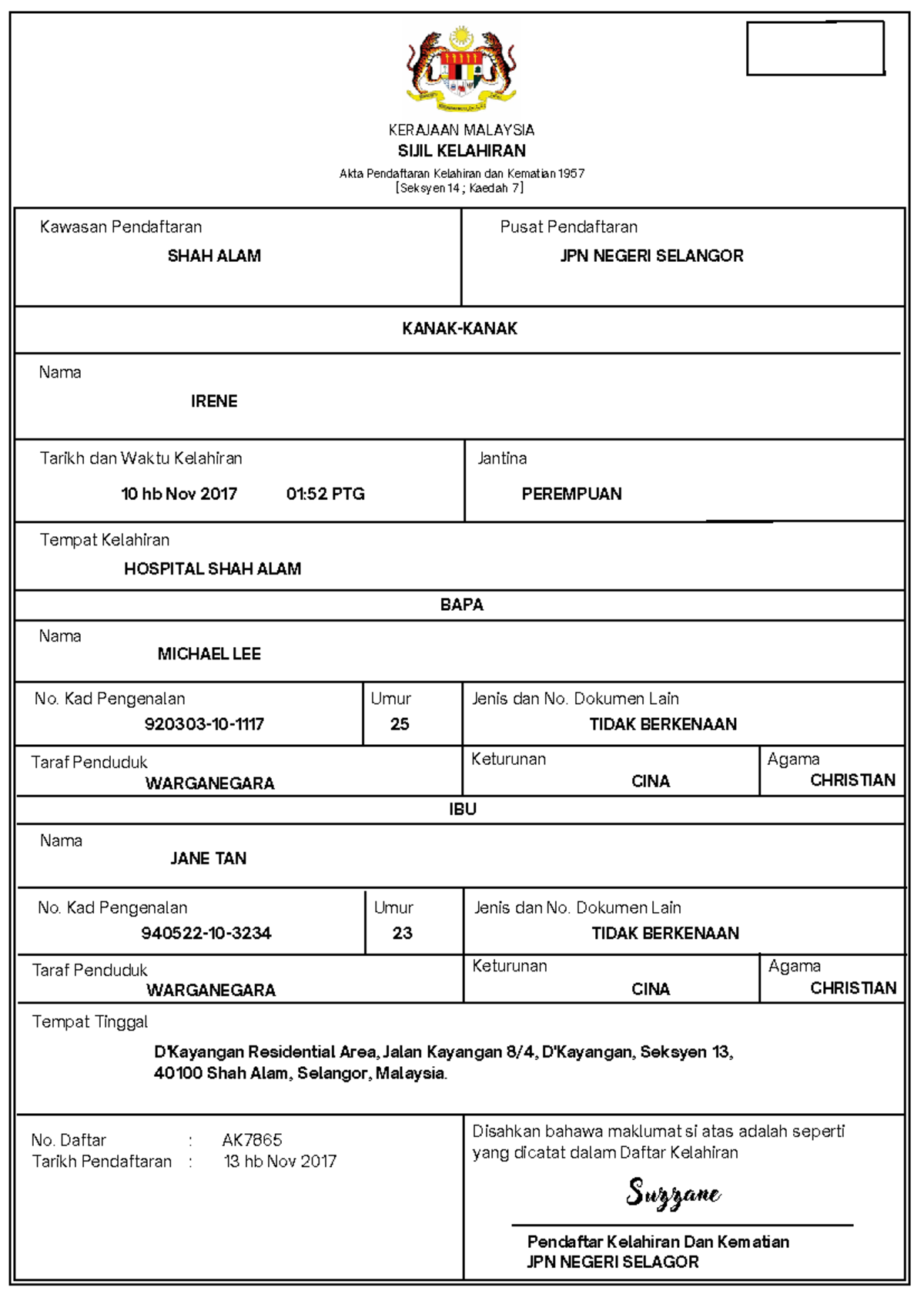 Sijil Kelahiran Template - KERAJAAN MALAYSIA (Akta 1957) - Studocu
