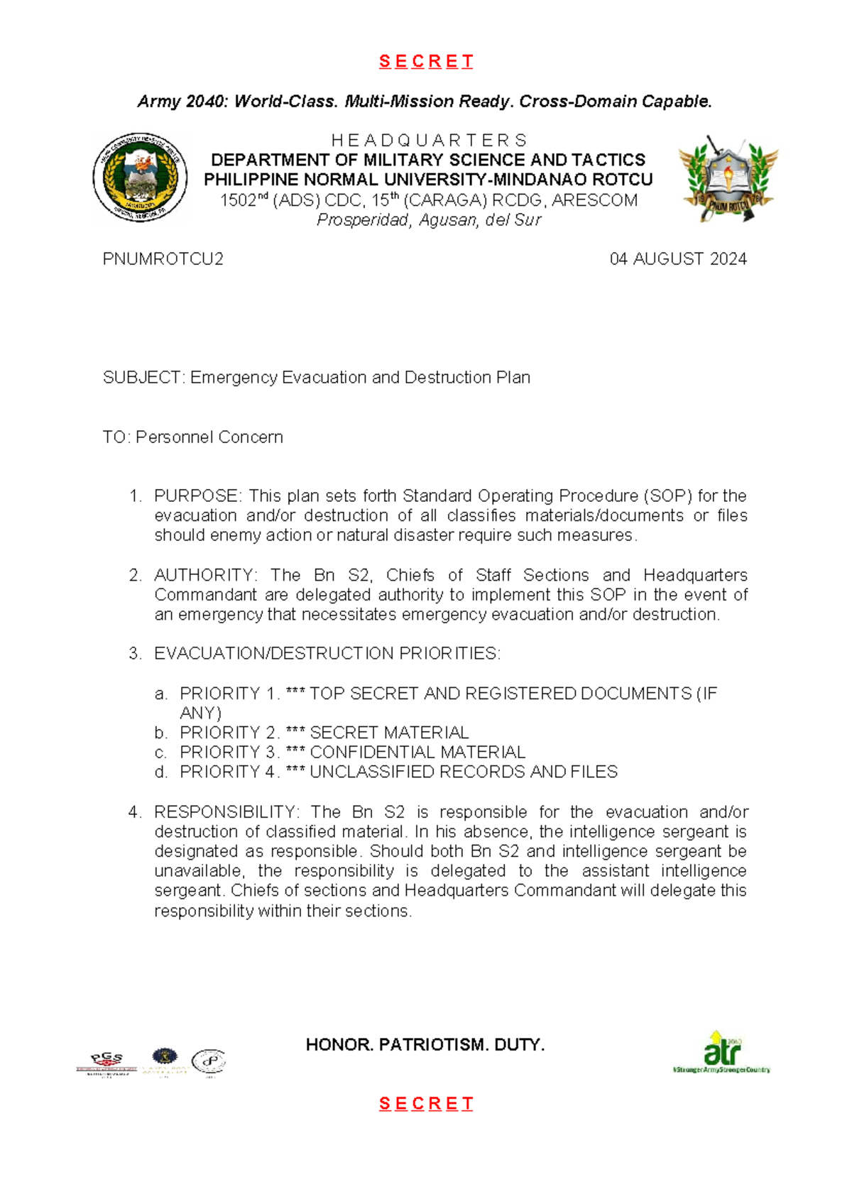 Emergency Evacuation Destruction Plan for SECRET Army 2040 - Studocu