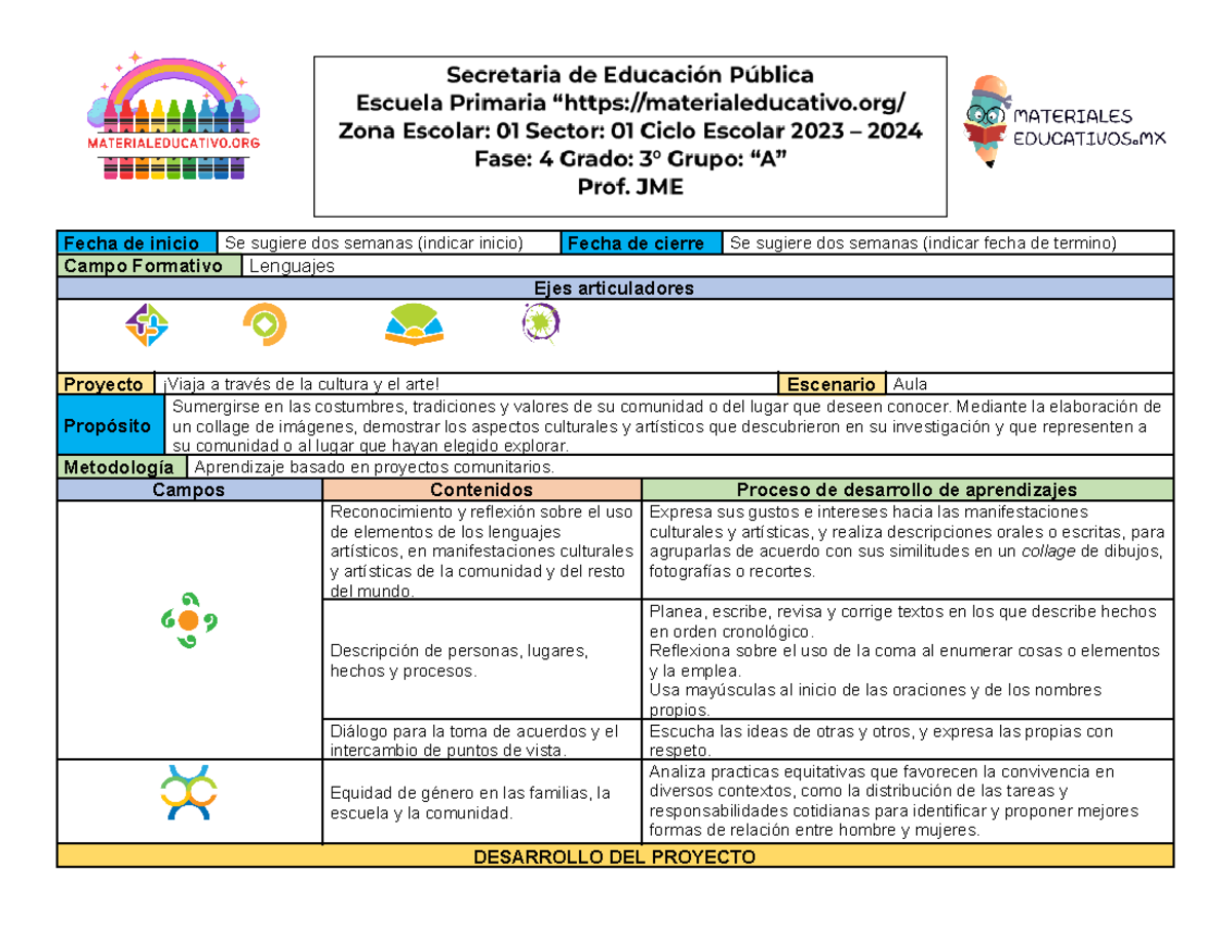 Planeación Proyecto Cultural y Artístico 3er Grado: Aula 2023 - Studocu