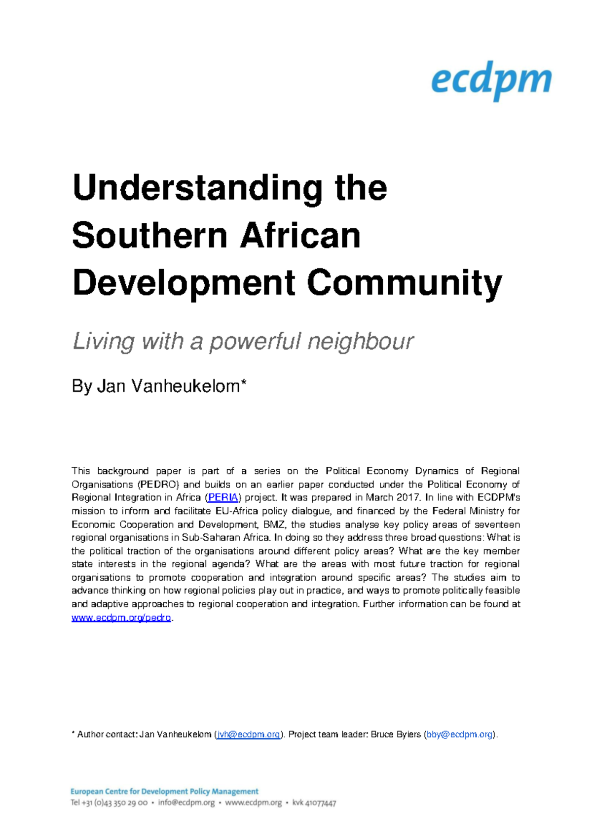 SADC Background Paper: Political Economy Dynamics in Africa (PEDRO ...