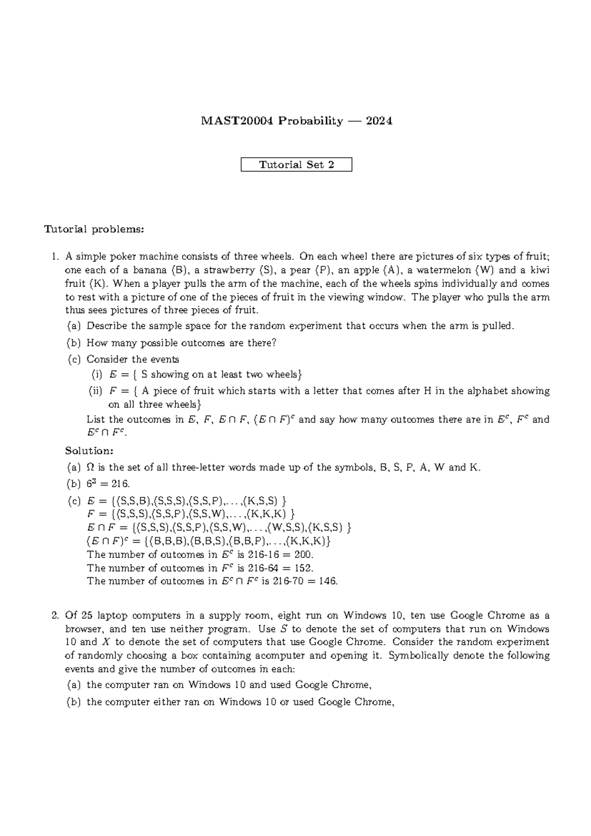 MAST20004 Probability - Tutorial Set 2 Solutions (2024) - Studocu