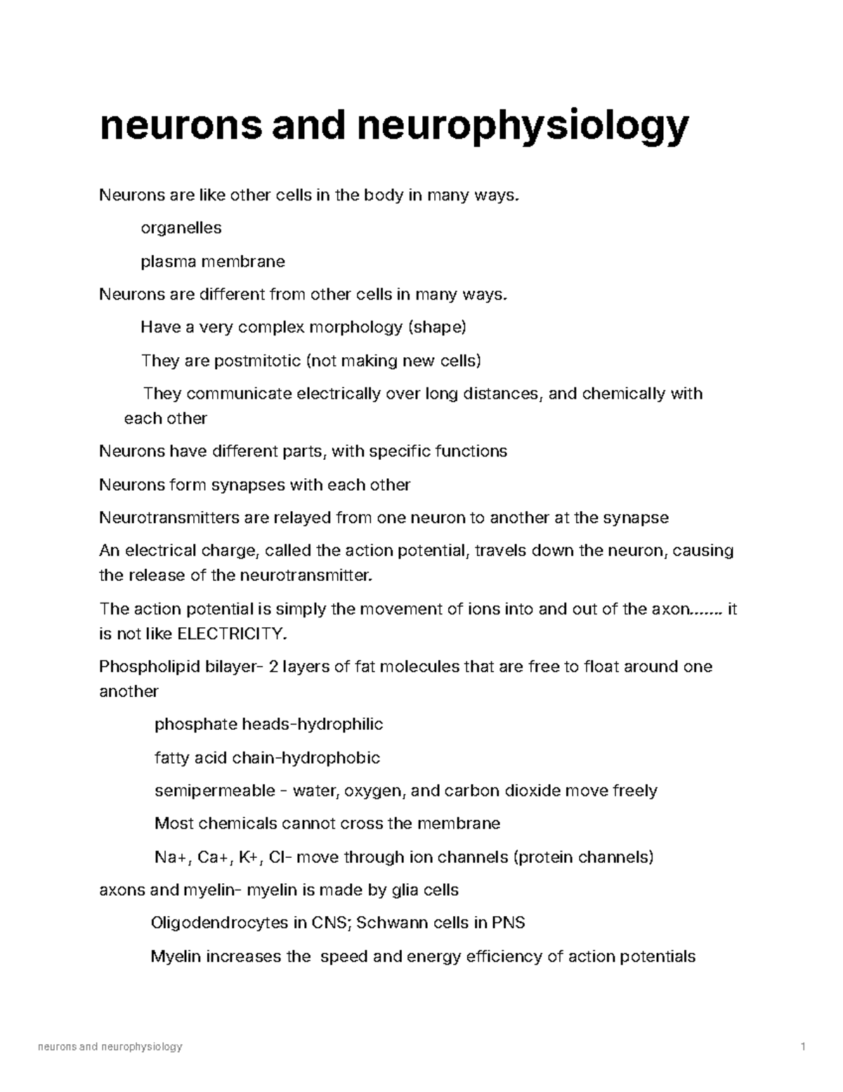 Neurons and Neurophysiology: Key Concepts and Functions - Studocu