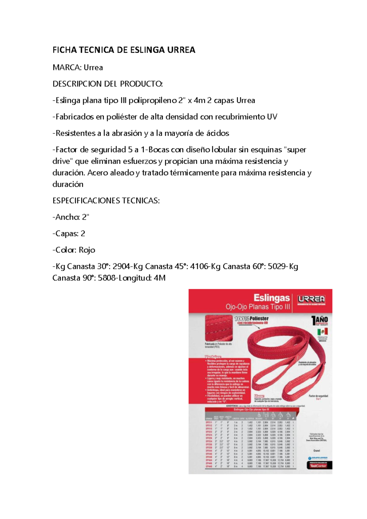 Ficha Tecnica Urrea - FICHA TECNICA DE ESLINGA URREA MARCA: Urrea DESCRIPCION DEL PRODUCTO ...