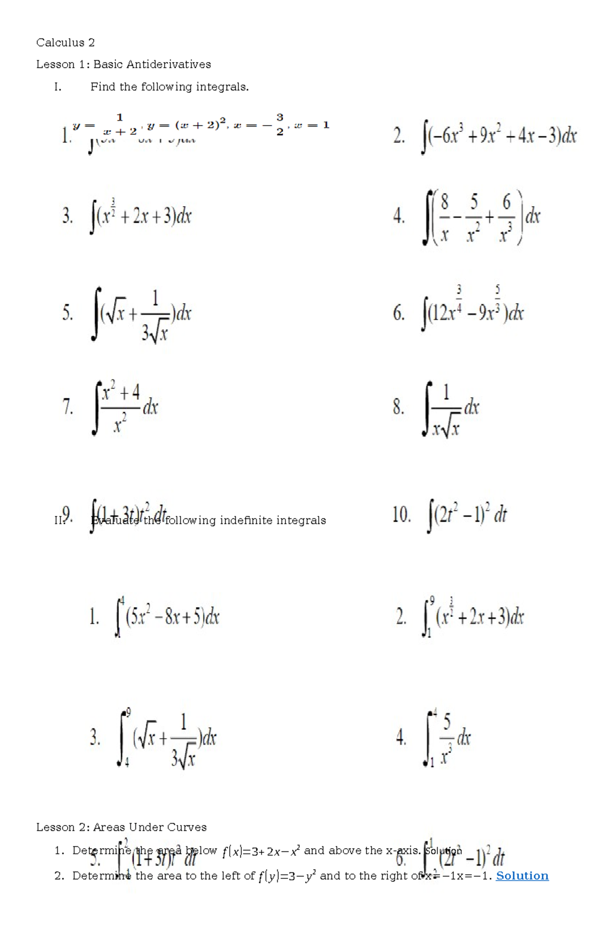 Calculus 2 Final Exam Reviewer: Key Lessons on Antiderivatives and ...