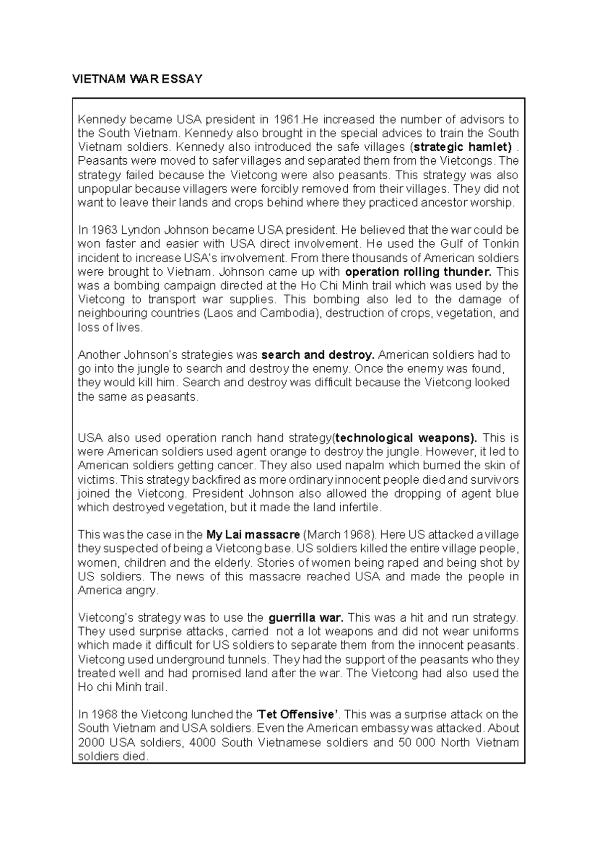 Vietnam War Essay: Strategies and Consequences (HIST 23) - Studocu
