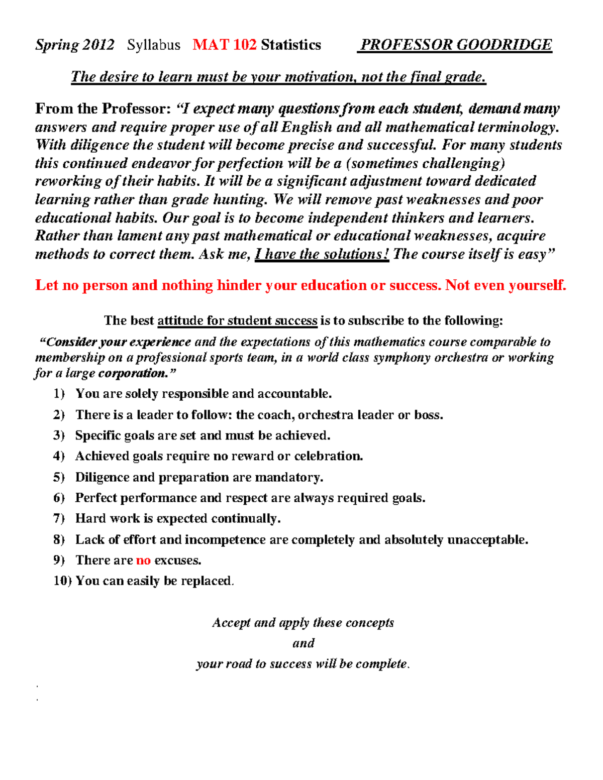 MAT 102 Syllabus Spring 2012 - Spring 2012 Syllabus MAT 102 Statistics ...