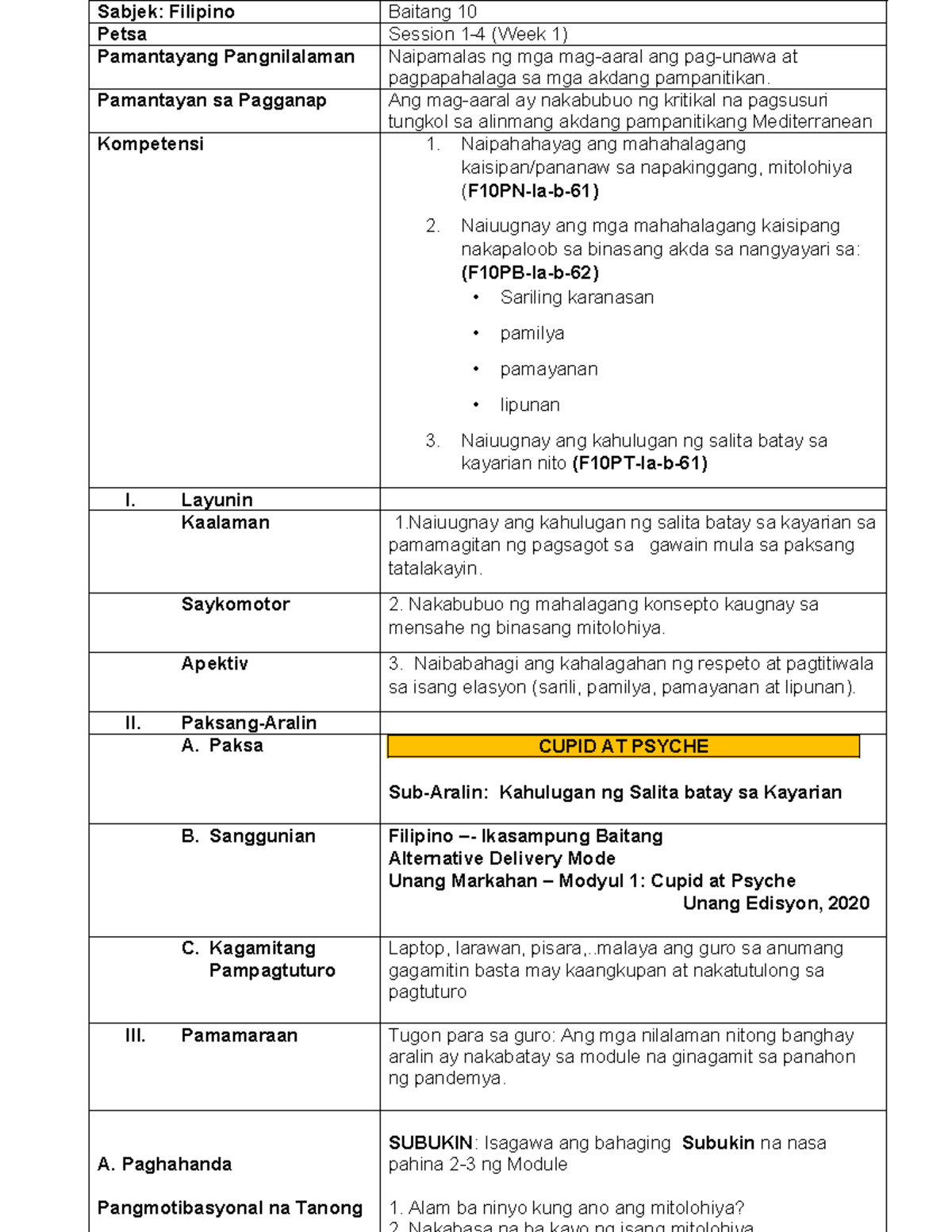 Filipino 10 Q1 Week 1 Lesson Plan: Classroom Observation SY 2023-2024 ...