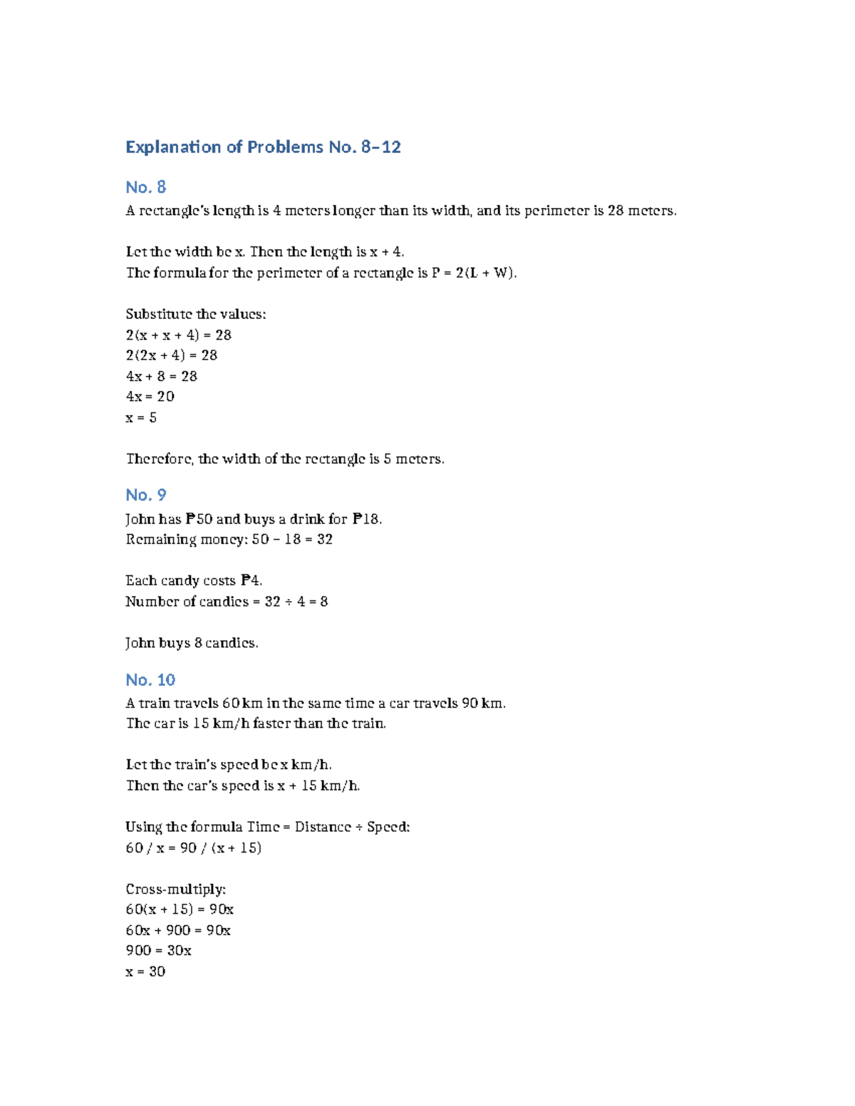 Math Explanation for Problems No. 8 to 12 - Studocu