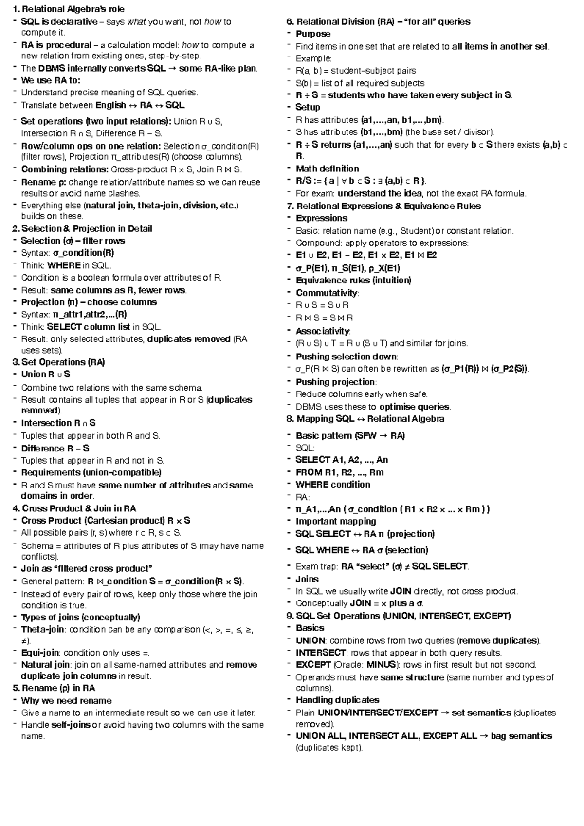 Relational Algebra & SQL Concepts: Cheatsheet for Exam (CS101) - Studocu