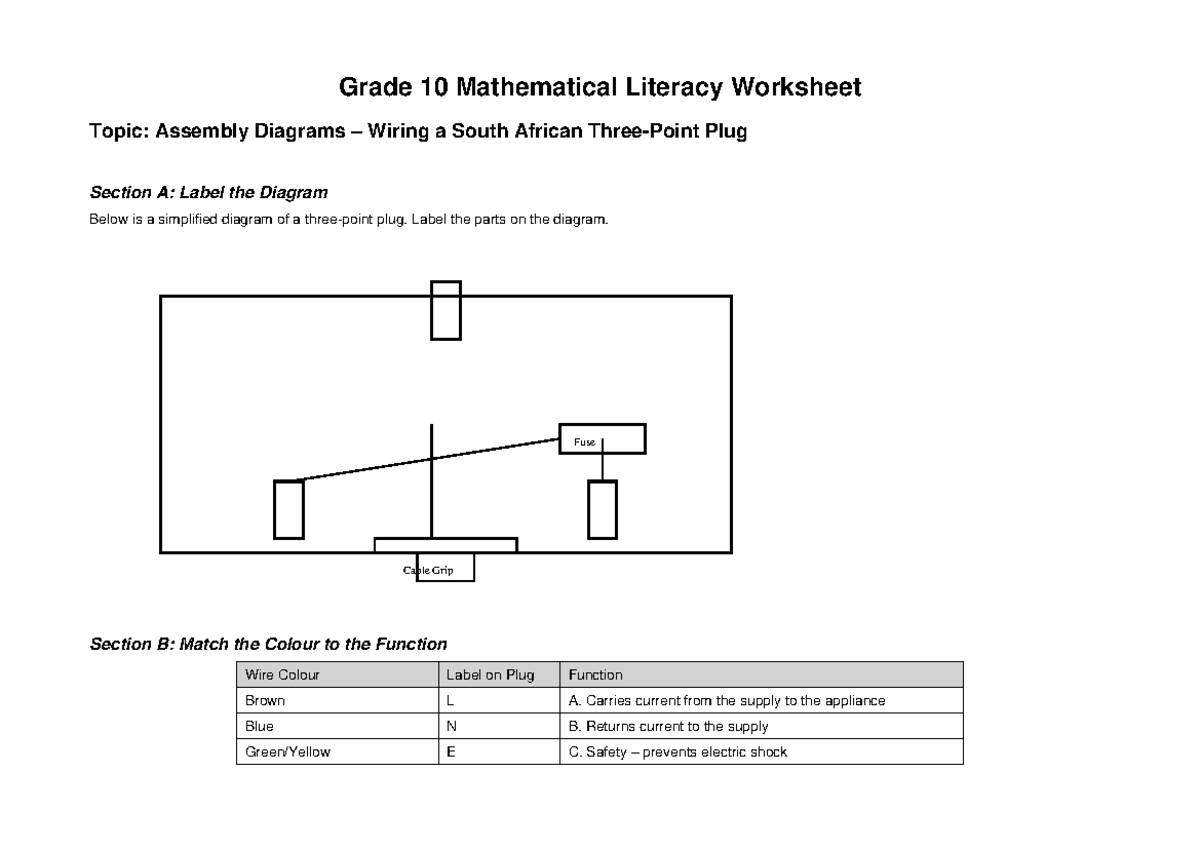 Grade 10 Math Lit Worksheet: Assembly Diagrams & Wiring - Studocu
