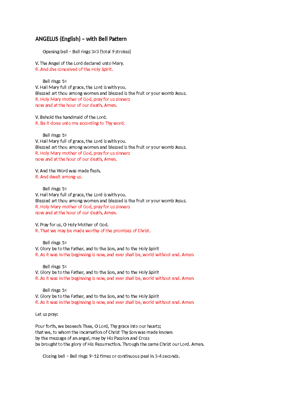 Angelus Prayer at 6:00 PM with Bell Pattern - Studocu