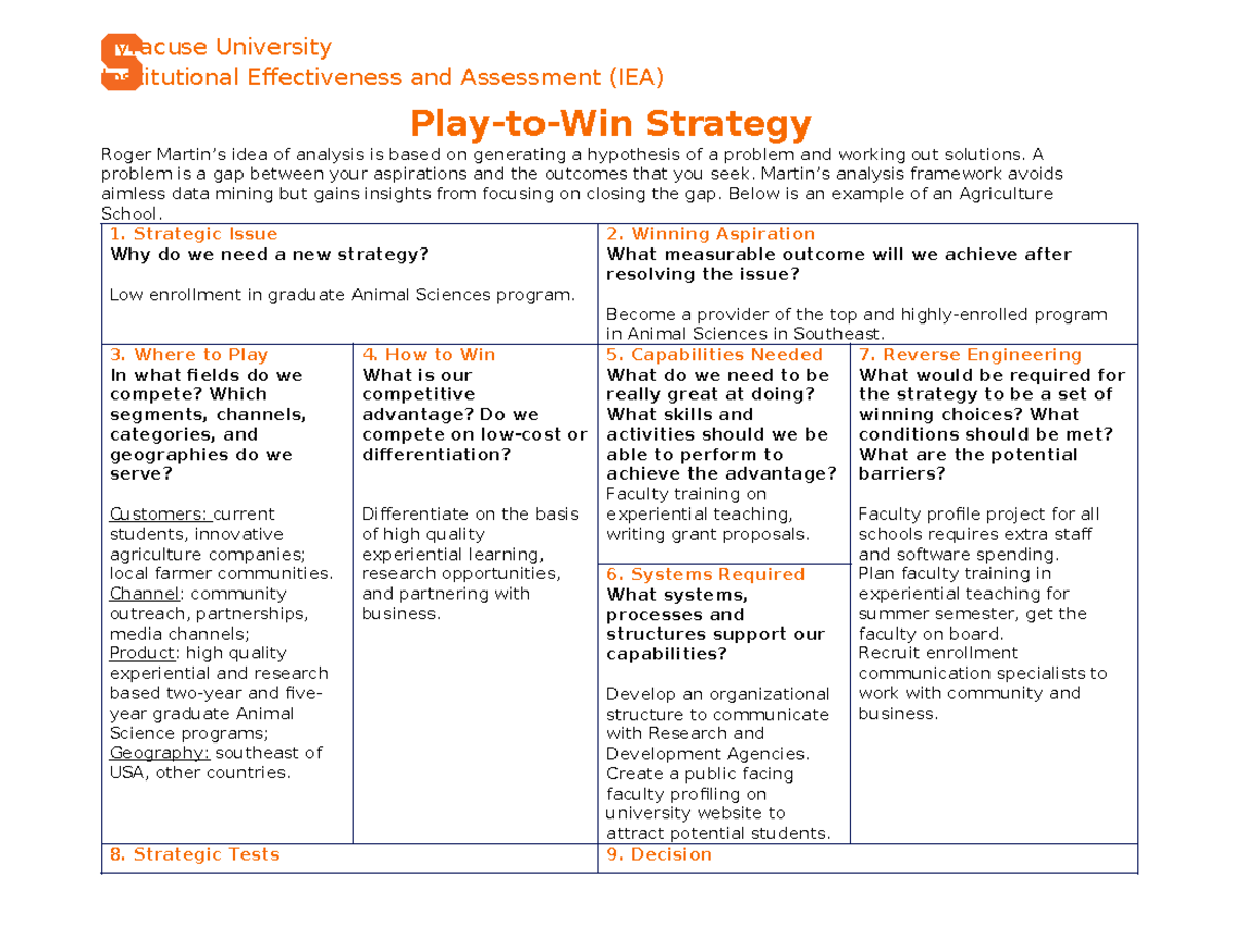 Syracuse University IEA Play-to-Win Strategy Template Guide - Studocu