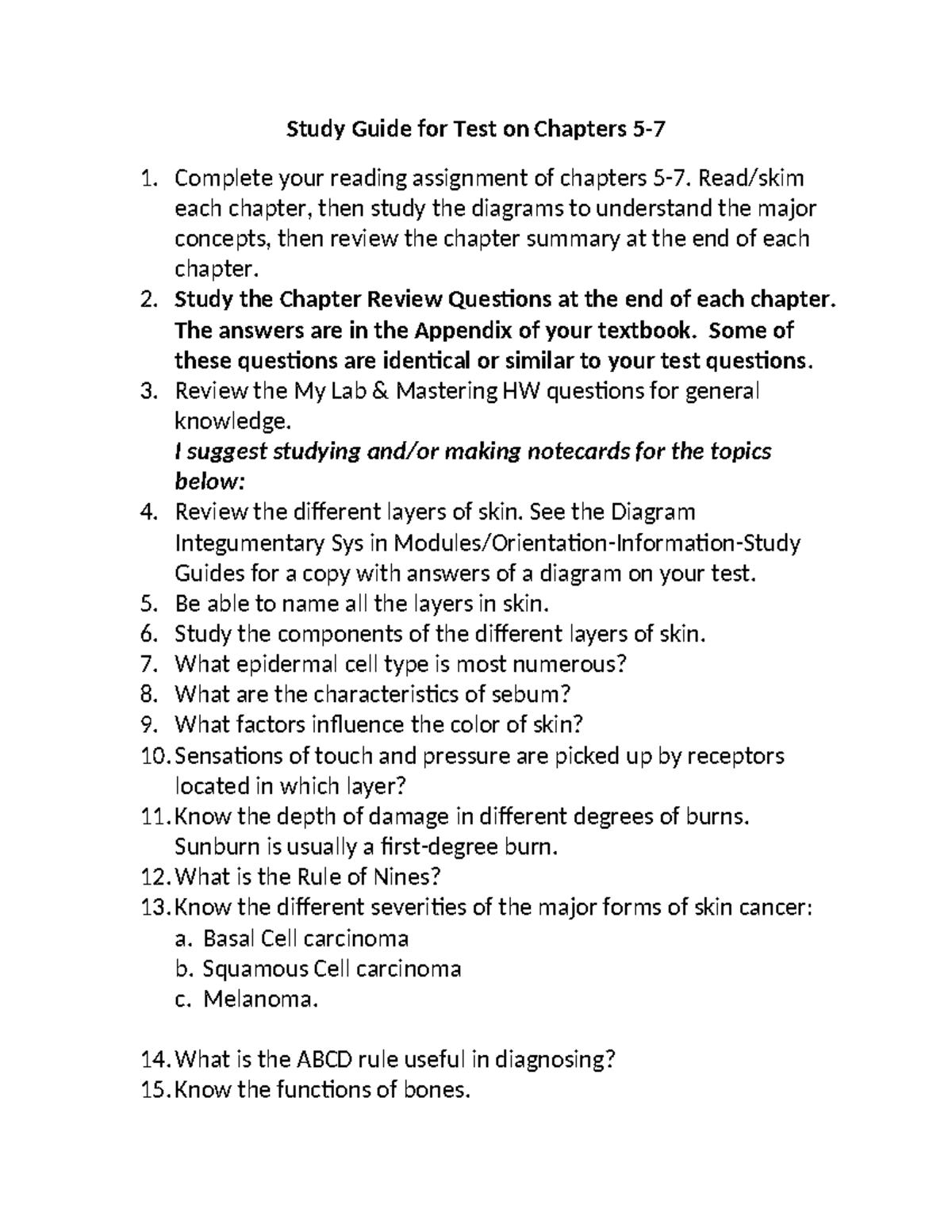 Study Guide for Exam: Integumentary & Bone Structure (Ch. 5-7) - Studocu