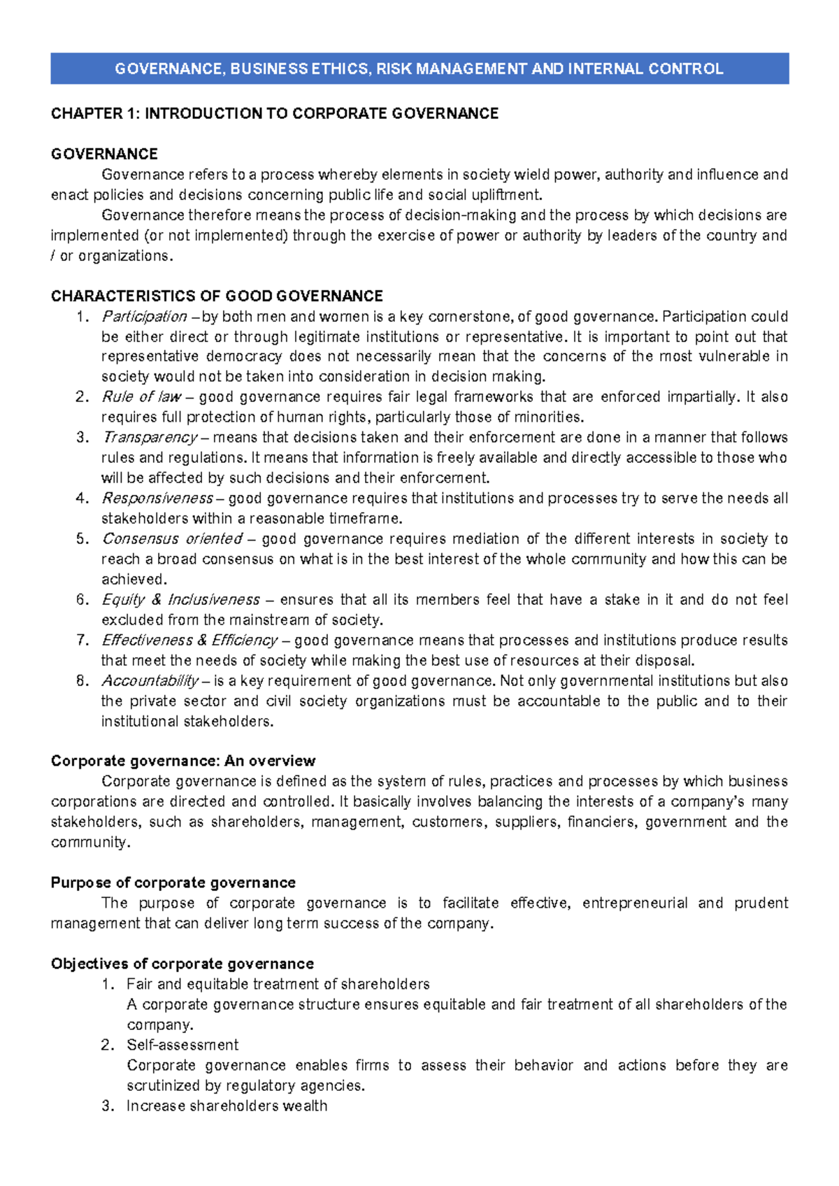Chapter 1 - Introduction to Corporate Governance & Good Practices - Studocu