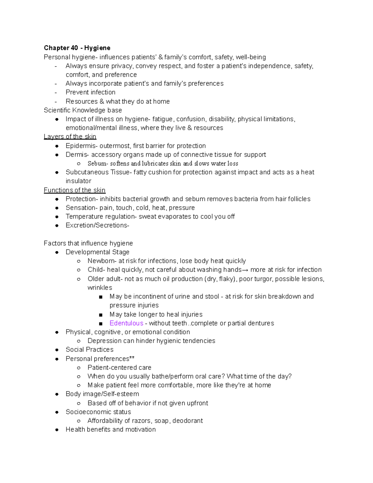 CH.40 Hygiene Notes: Key Concepts and Patient Care Strategies - Studocu