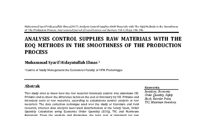 Analysis of Raw Material Supply Control Using EOQ Method in Production ...
