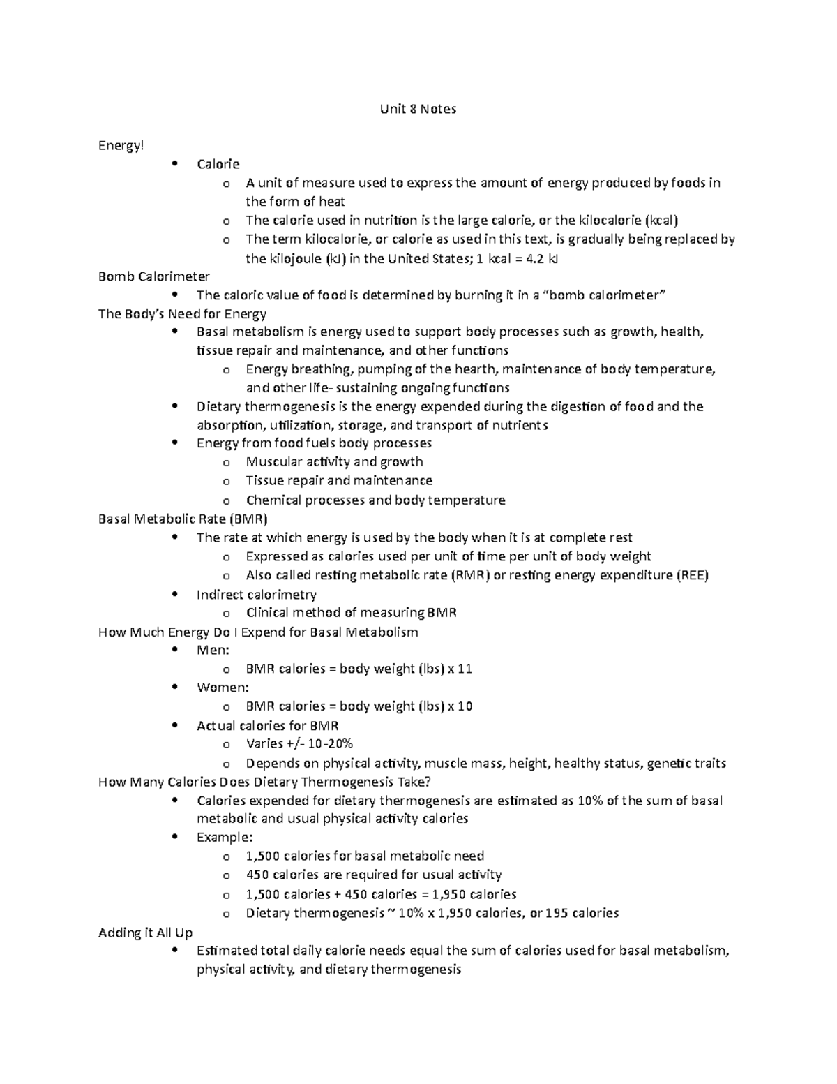 Unit 8 Study Notes - Understanding Energy in Nutrition - Studocu