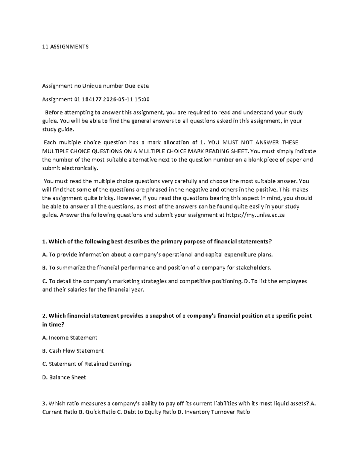 Assignment 01: Financial Statements and Ratios - Studocu