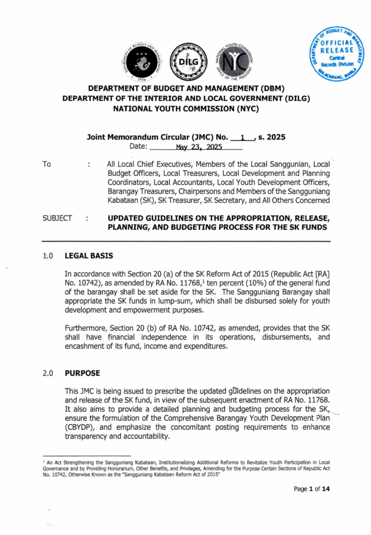 DBM DILG NYC JMC No. 1, s. 2025: Updated SK Fund Guidelines - Studocu