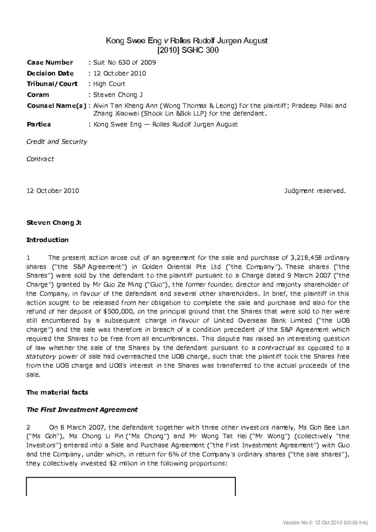Kong Swee Eng v Rolles Rudolf Jurgen August [2010] SGHC 300: High Court ...